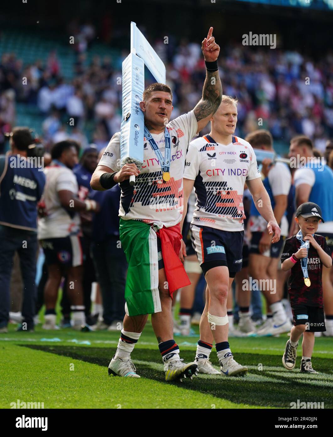 Saracens' Marco Riccioni celebrates after the Gallagher Premiership ...