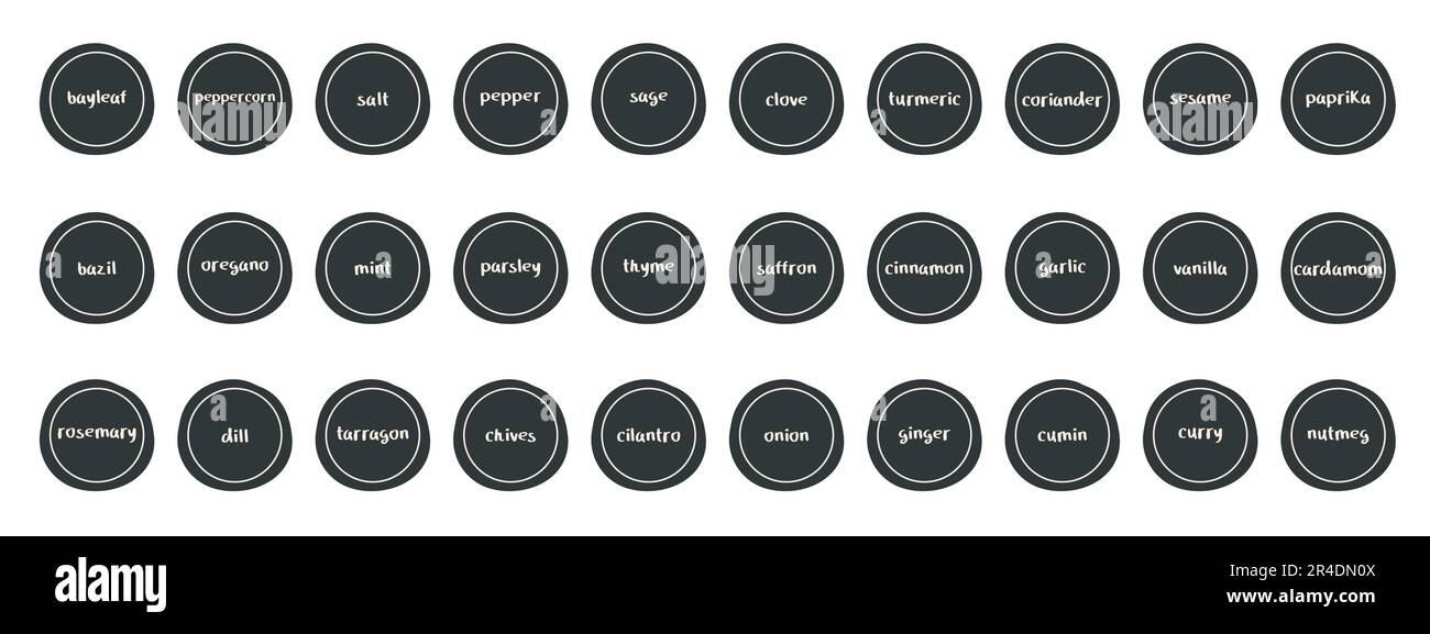 Set of round labels for spices and seasonings. Stickers for kitchen ...