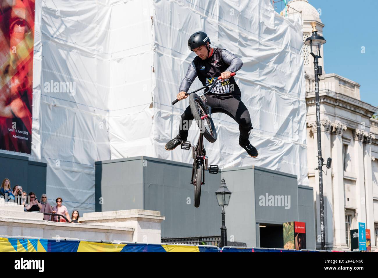 London, UK. 27 May 2023. Extreme Mountain Bike show in Trafalgar Square ...