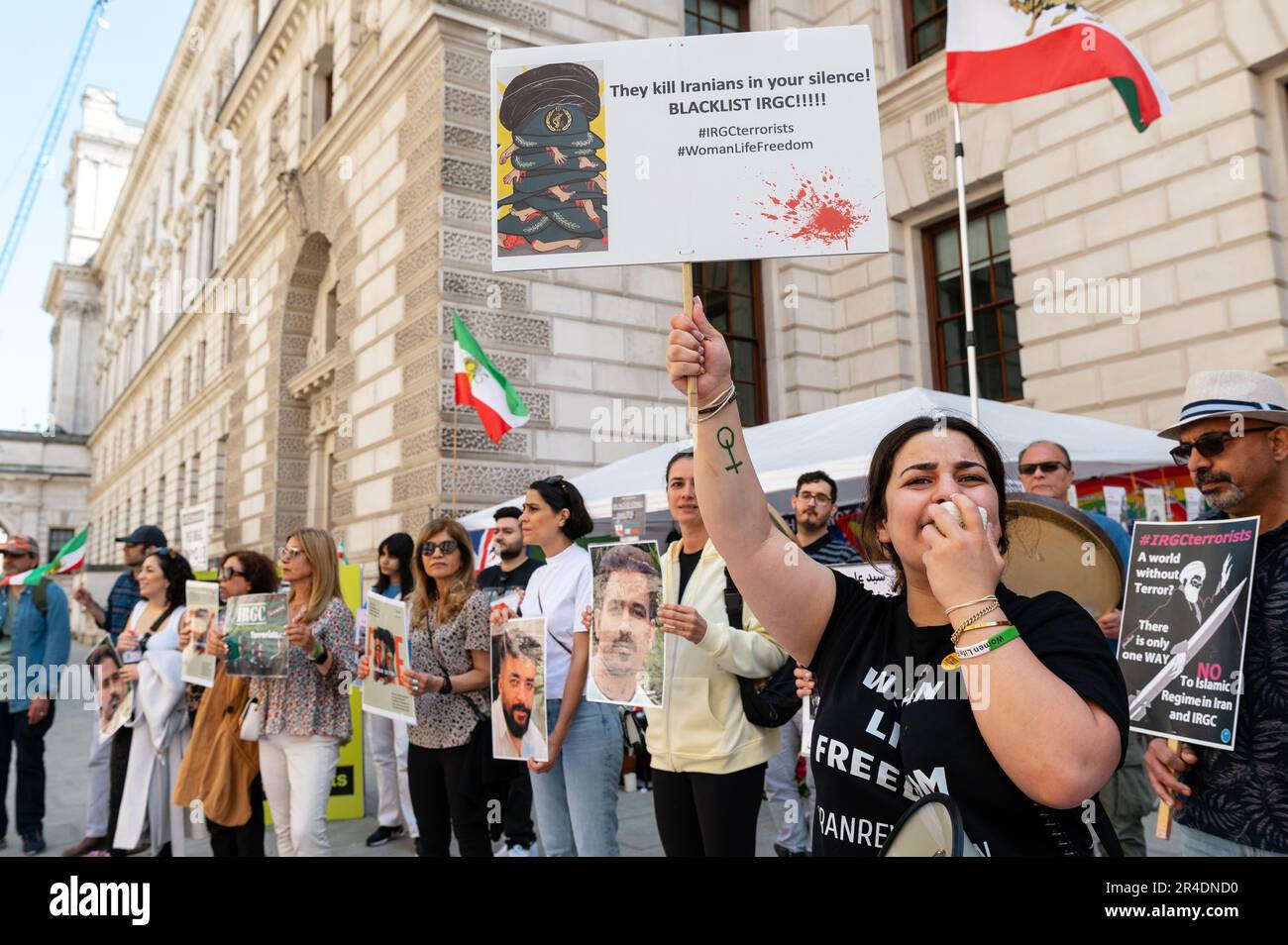 London, UK. 27 May 2023. Iranian protesters demand the UK government to ...
