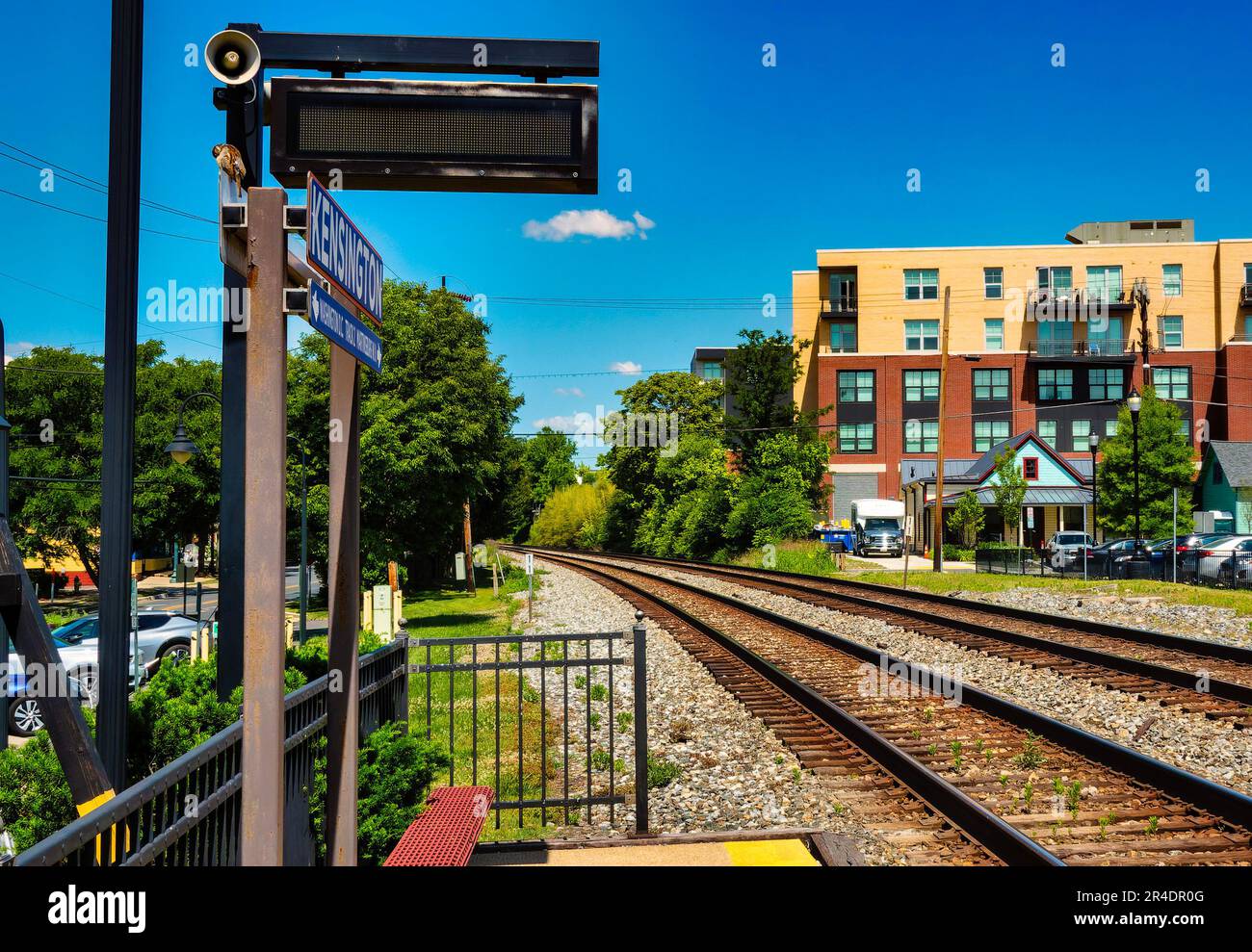 Rail lines at a suburban train station Stock Photo - Alamy