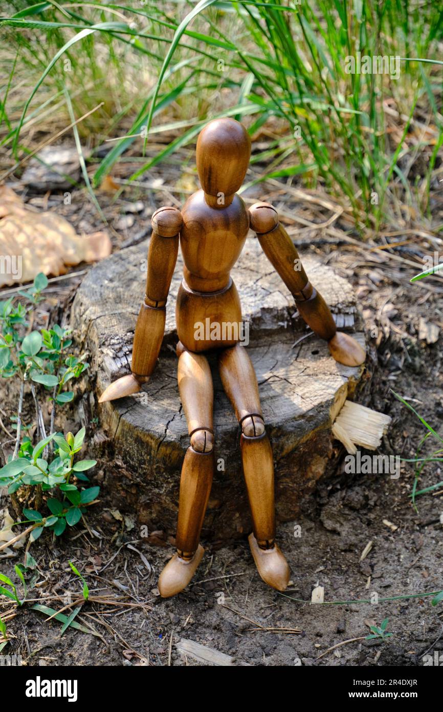 Wooden brown mannequin sits stump against background green grass Stock ...