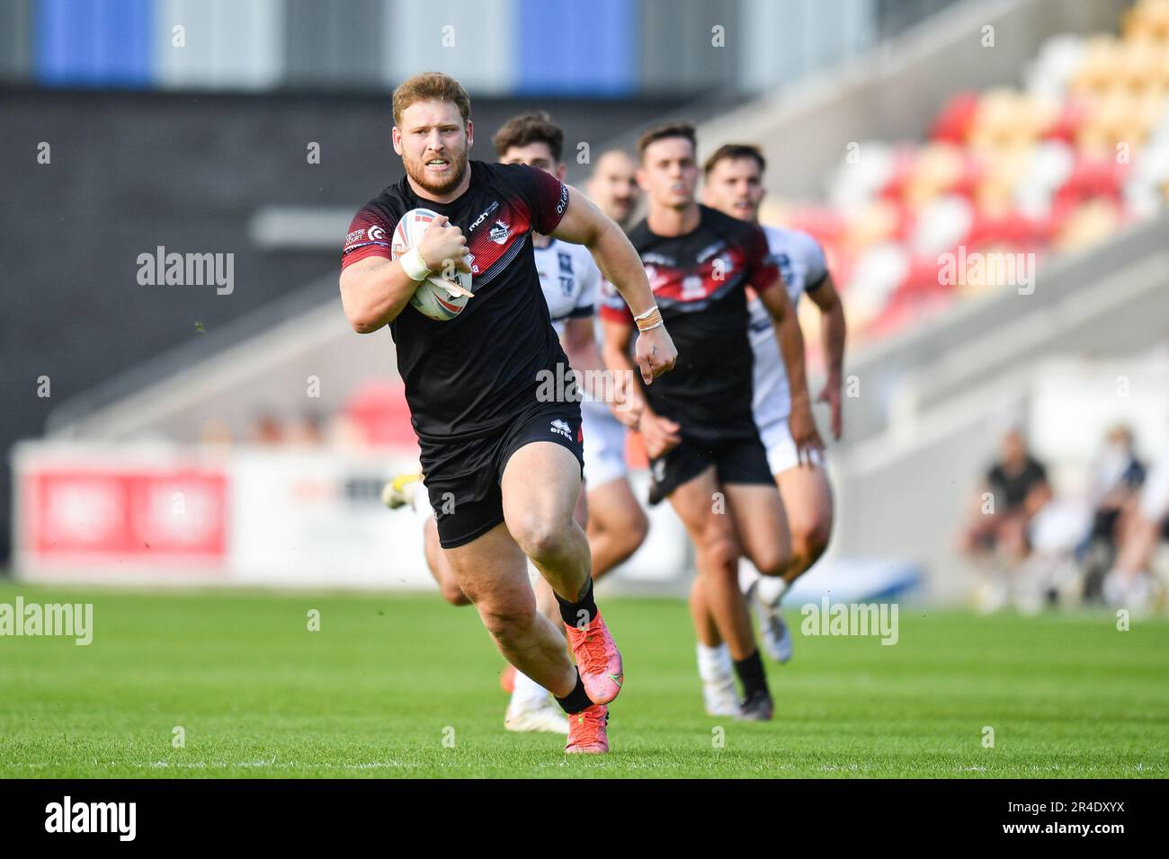 York, England - 26th May 2023 - Lewis Bienek of London Broncos makers a ...