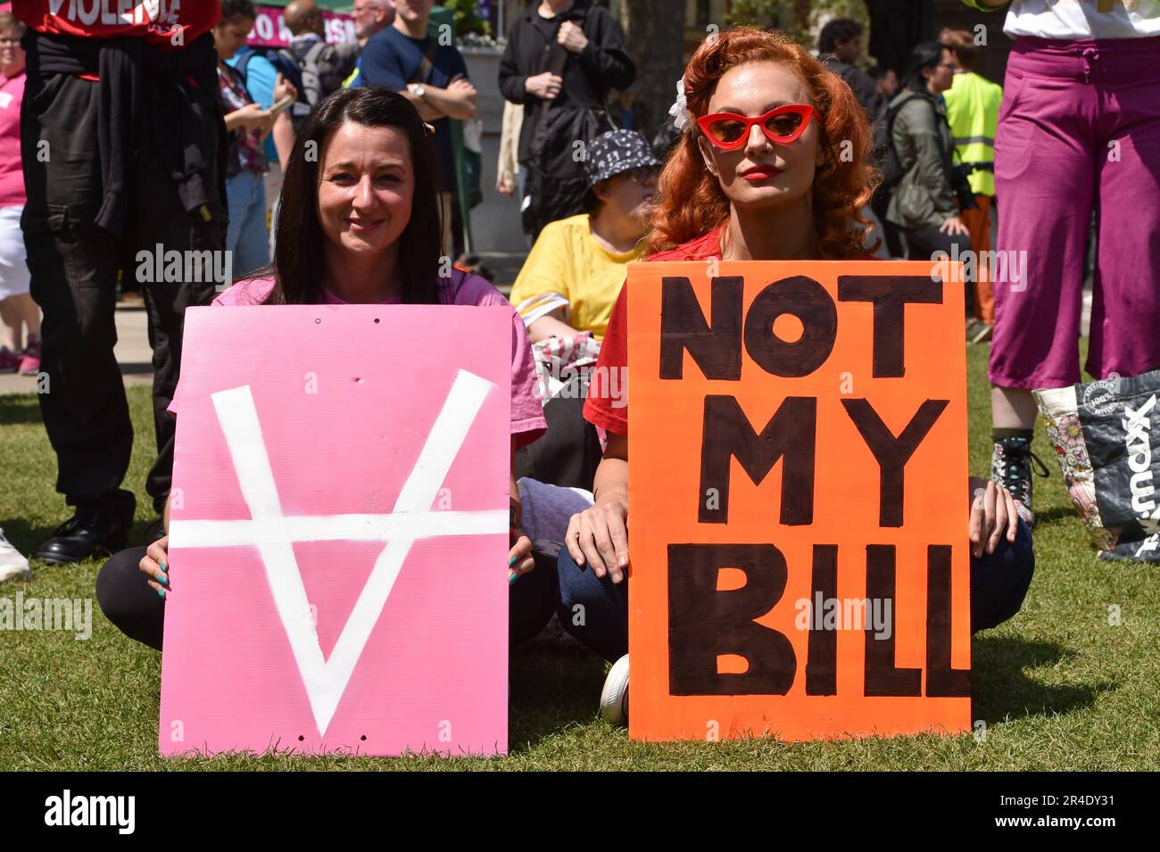 London, England, UK. 27th May, 2023. Protesters hold placards at the ...