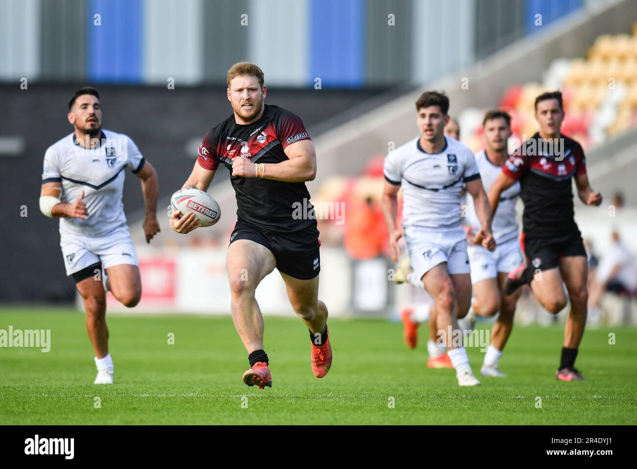 York, England - 26th May 2023 - Lewis Bienek of London Broncos makers a ...
