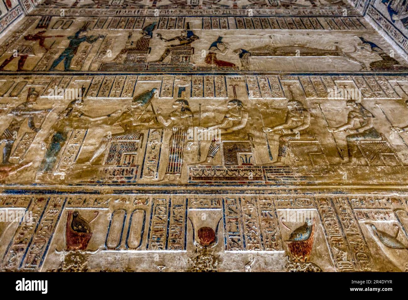 Wall carvings in a chamber of the Temple of Hathor, Dendera Stock Photo ...