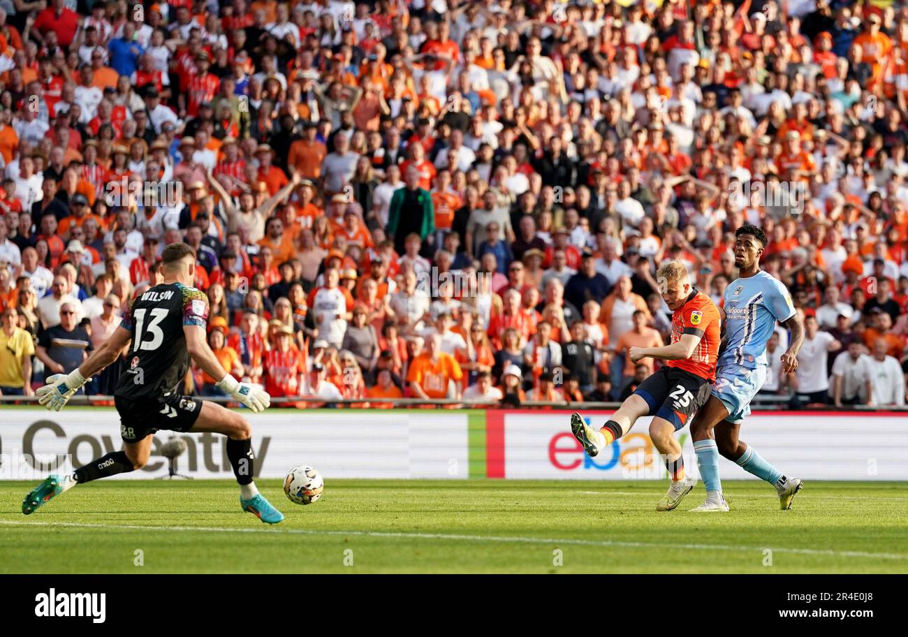 Luton Town's Joe Taylor scores a goal which is later disallowed during ...