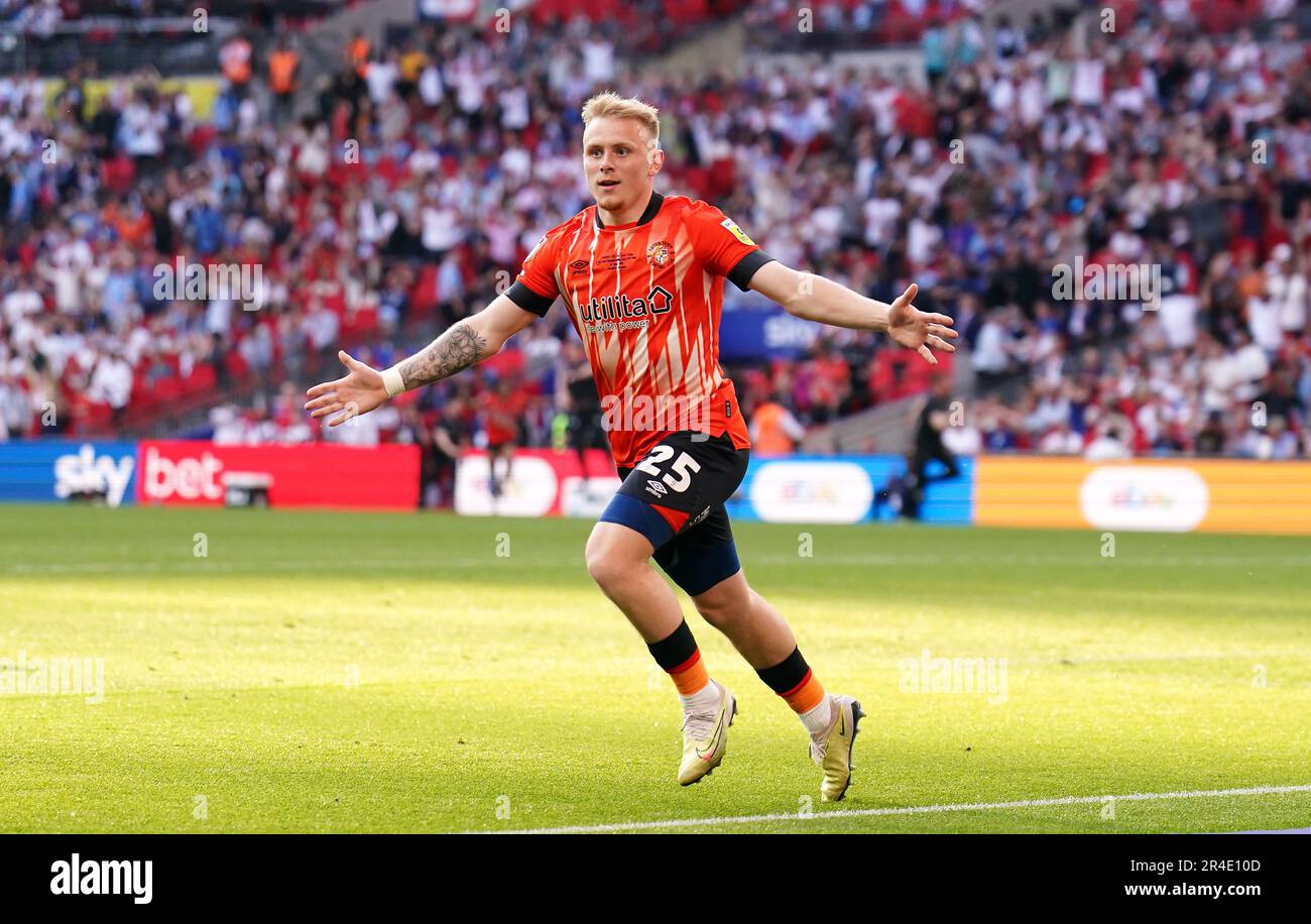 Luton Town's Joe Taylor celebrates before his goal is disallowed during ...