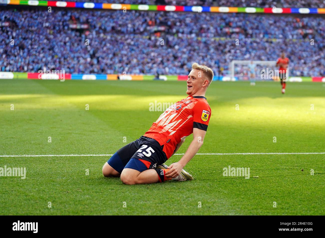 Luton Town's Joe Taylor celebrates before his goal is disallowed during ...