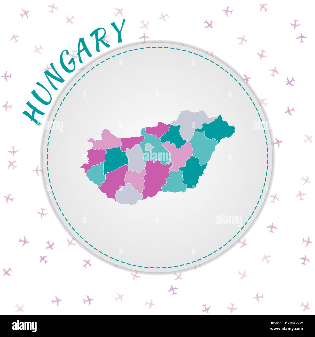 Hungary map design. Map of the country with regions in emerald-amethyst ...