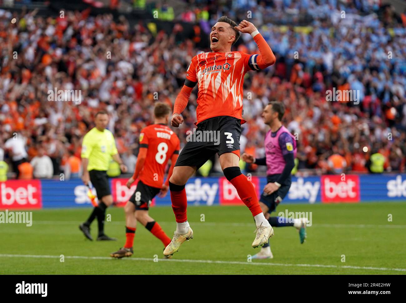 Luton Town's Dan Potts celebrates after his side win during the Sky Bet ...