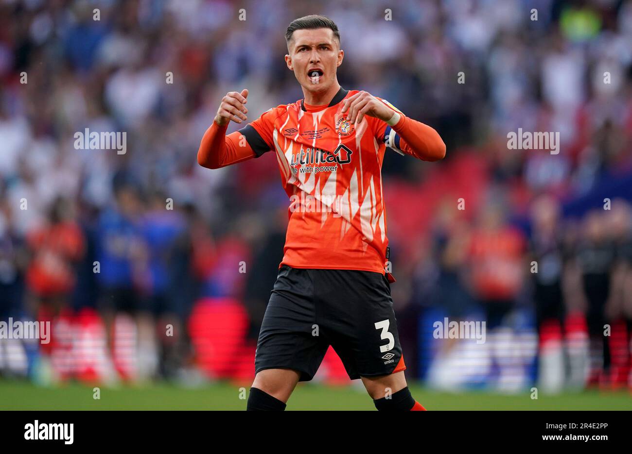 Luton Town's Dan Potts celebrates after his side win during the Sky Bet ...