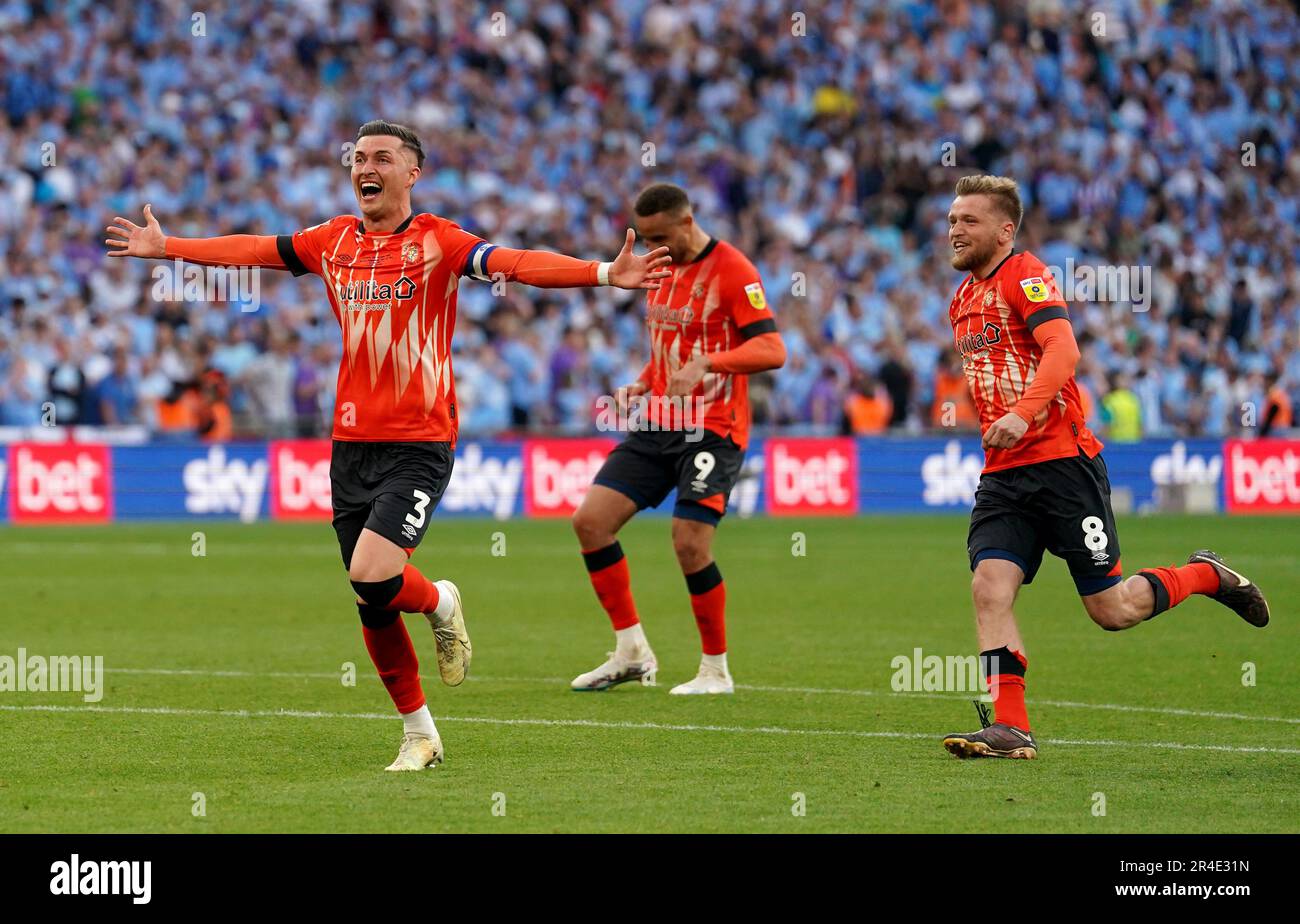 (L-R) Luton Town's Dan Potts, Carlton Morris and Luke Berry celebrate ...