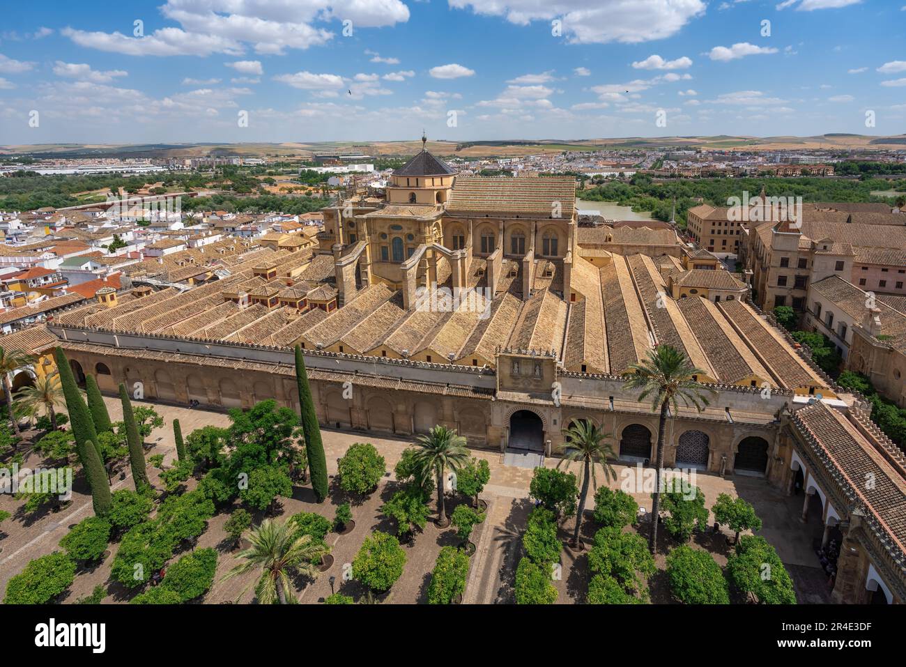 Aerial view of Mosque–Cathedral of Cordoba and Patio de los Naranjos ...