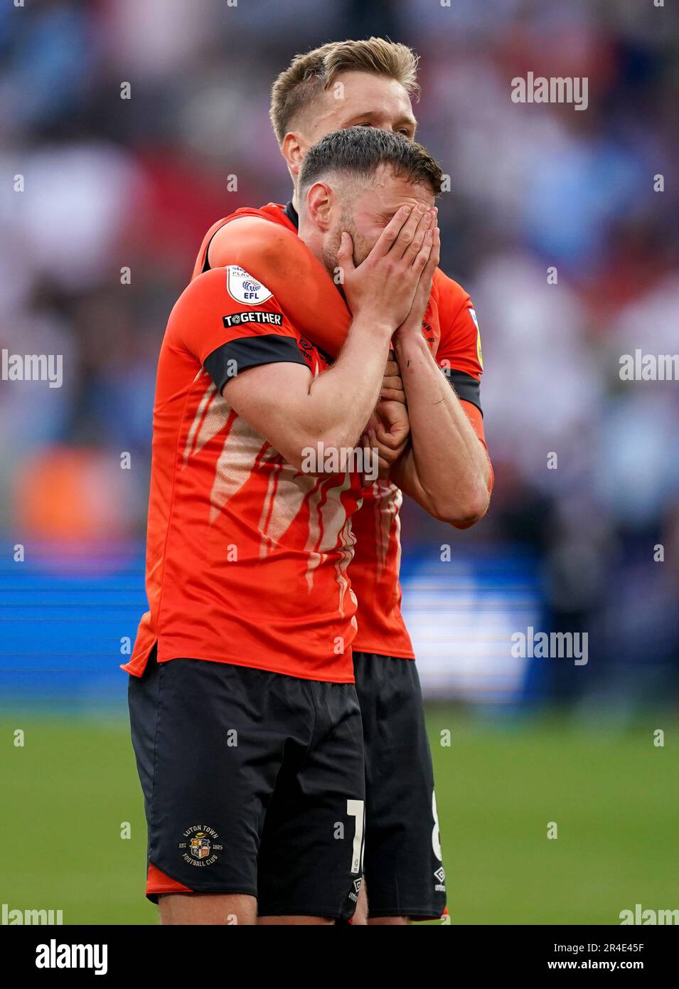 Luton Town's Jordan Clark (left) and Luke Berry celebrate after their ...