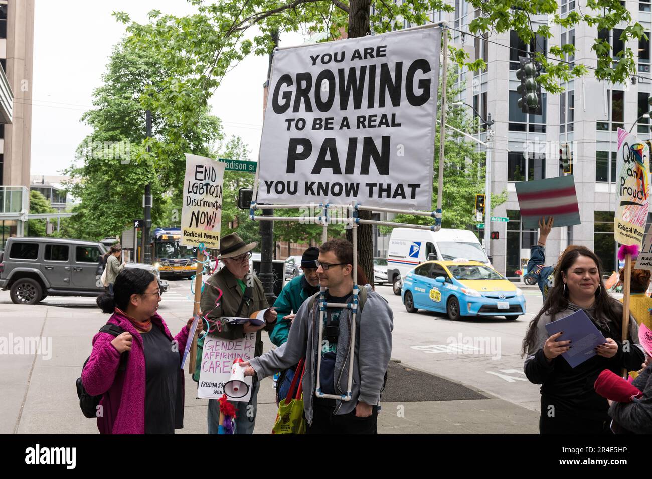 Seattle, USA. 27 May, 2023. Protestors at the Seattle Public Library ...