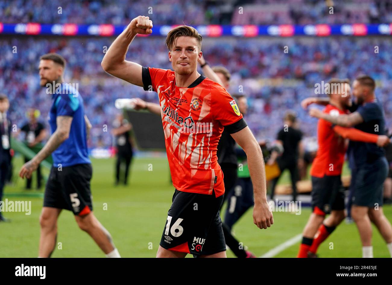 Luton Town's Reece Burke celebrates following victory during the Sky ...