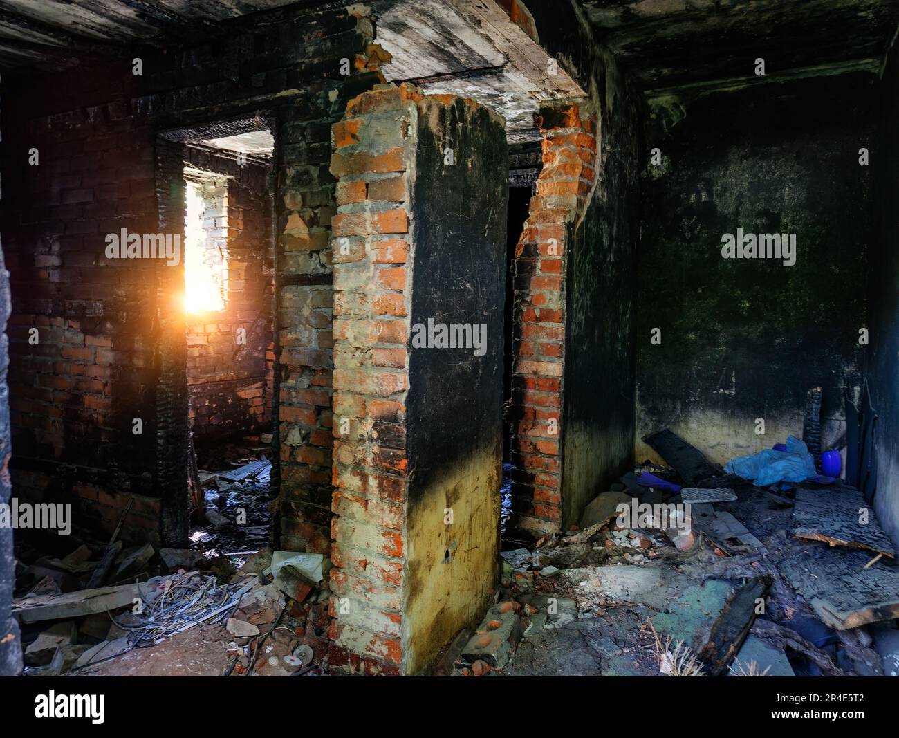 Burned room interior in apartment house. Consequences of fire concept ...
