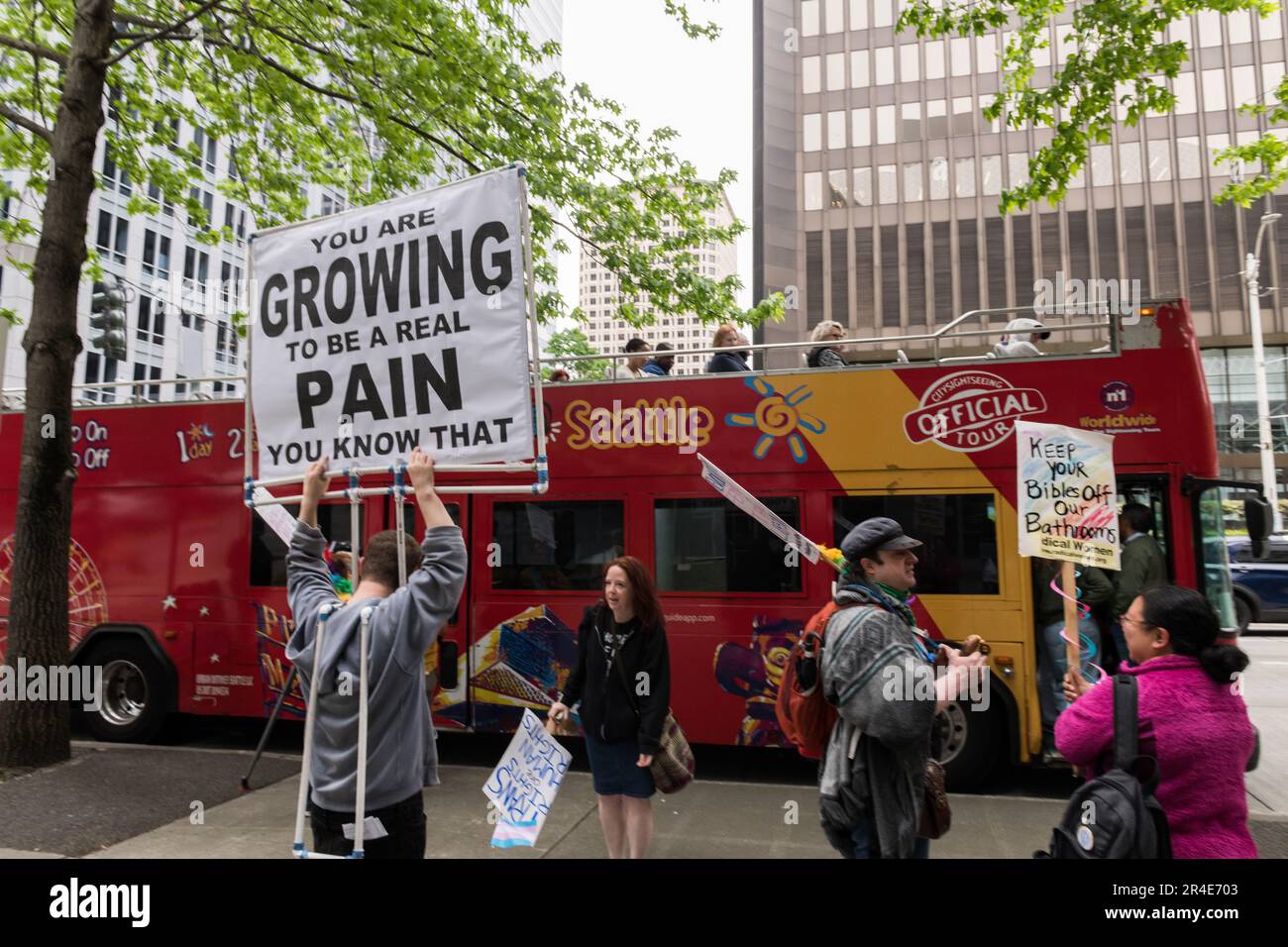 Seattle, USA. 27 May, 2023. Protestors at the Seattle Public Library ...