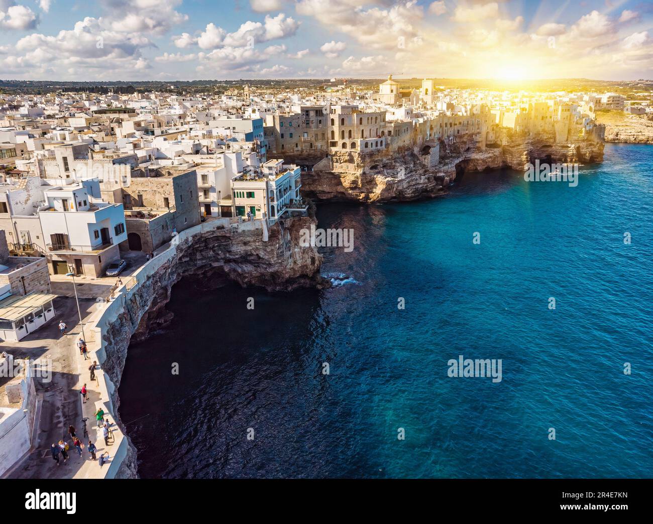 Aerial view of Polignano a Mare, a village built on the edge of the ...