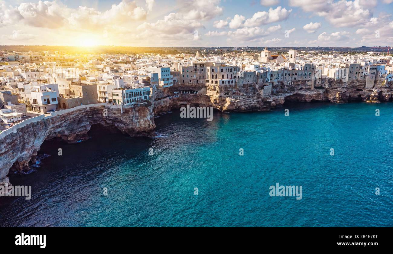 Aerial view of Polignano a Mare, a village built on the edge of the ...