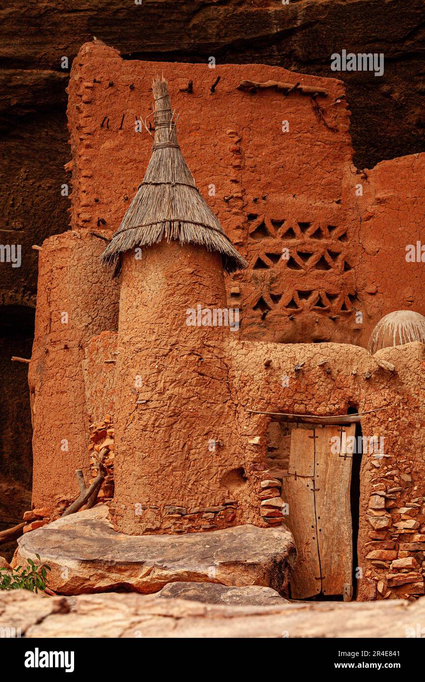 Dogon village and typical mud buildings, buildings used as barns for ...