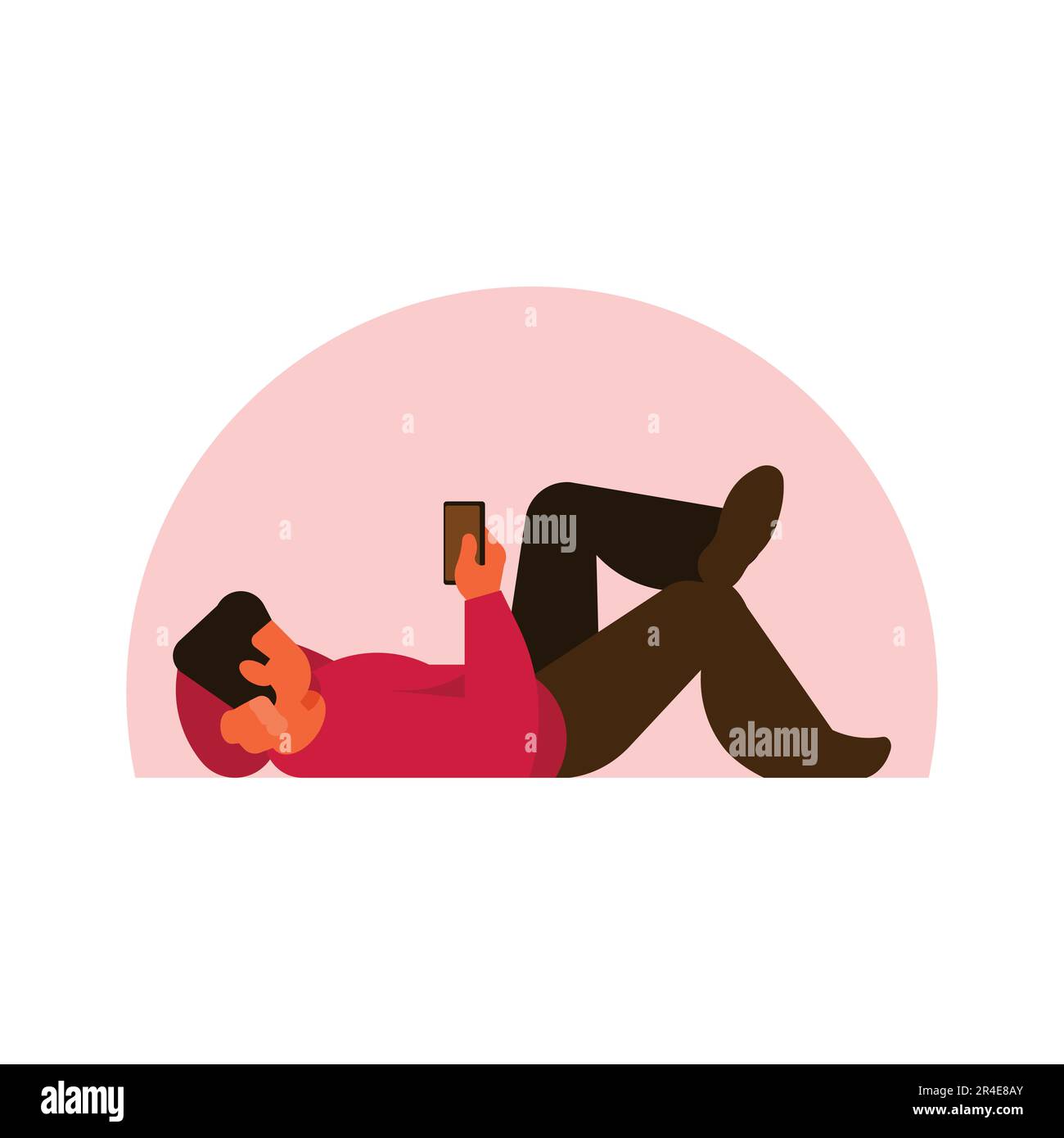 Man lying on the floor with a mobile phone. Vector illustration in flat ...