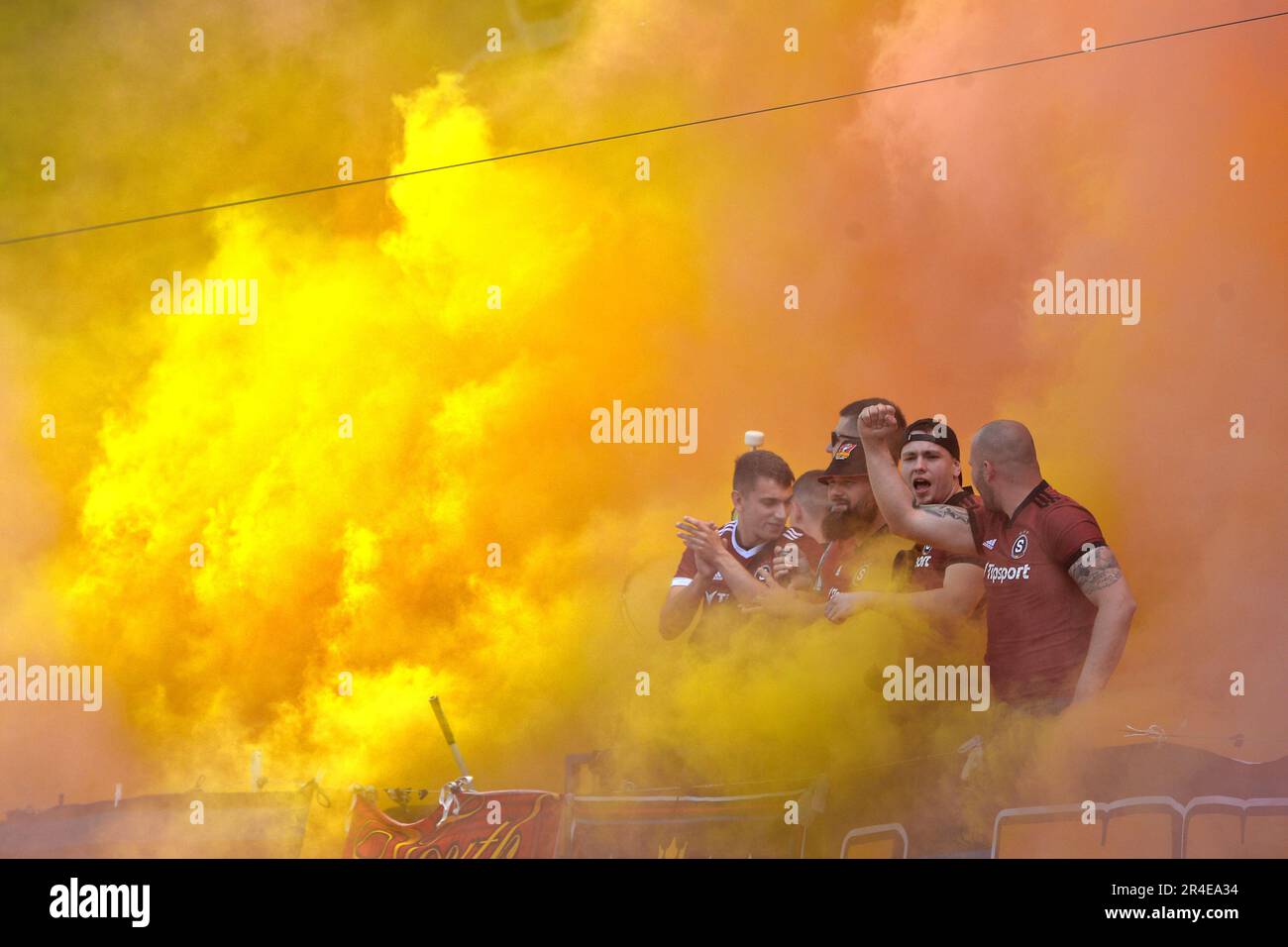 Praha, Czech Republic. 27th May, 2023. Fans of Sparta Prague celebrate ...