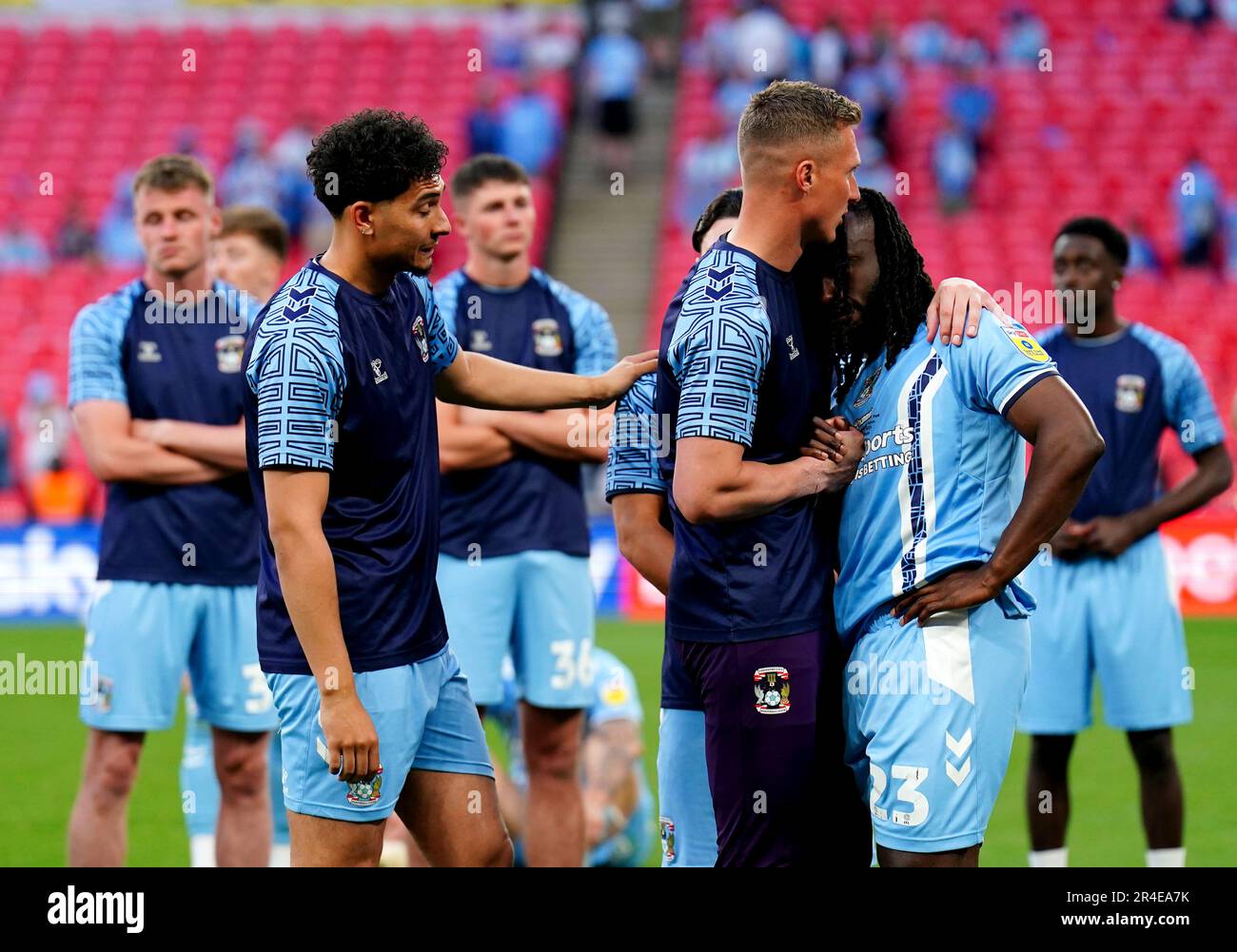 Coventry City players console Fankaty Dabo at the end of the Sky Bet ...