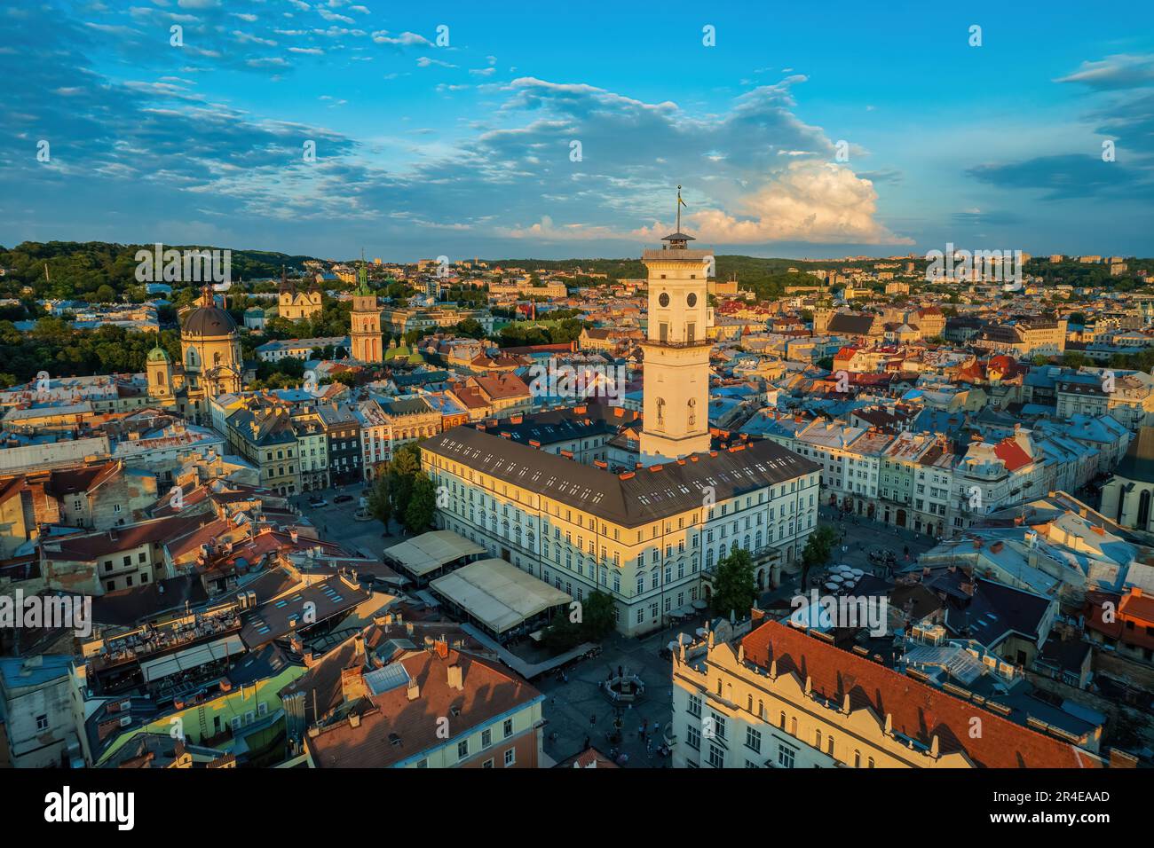 Rooftops of the old town in Lviv in Ukraine during the day. The magical ...
