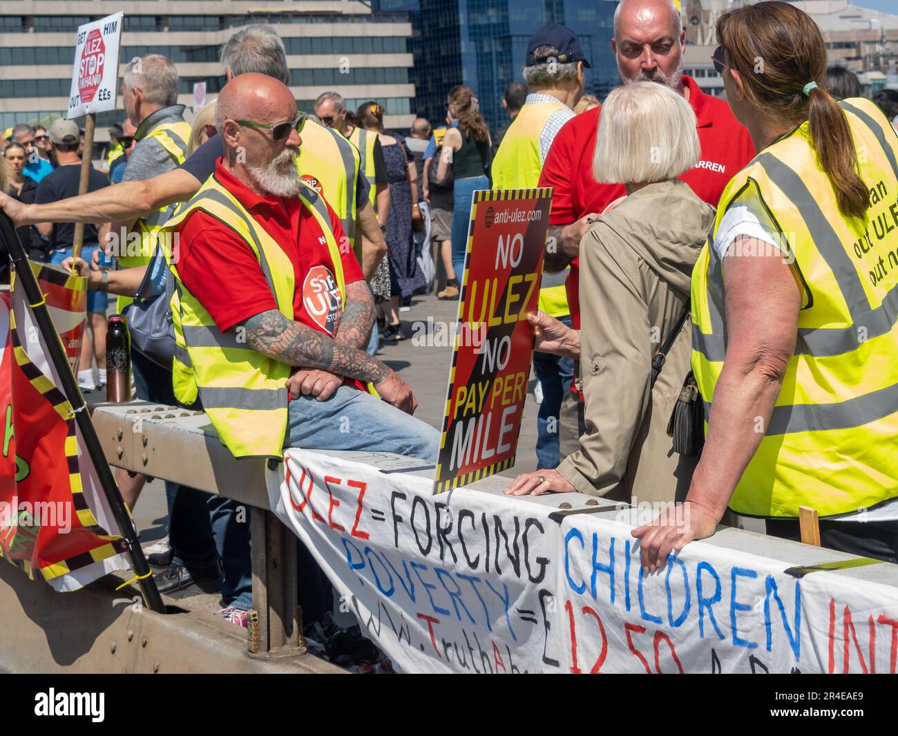 London, UK. 27 May 2023. Protesters lined both sides of London Bridge ...