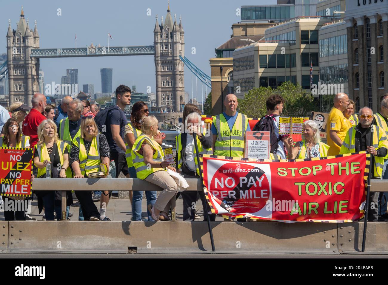 London, UK. 27 May 2023. Protesters lined both sides of London Bridge ...