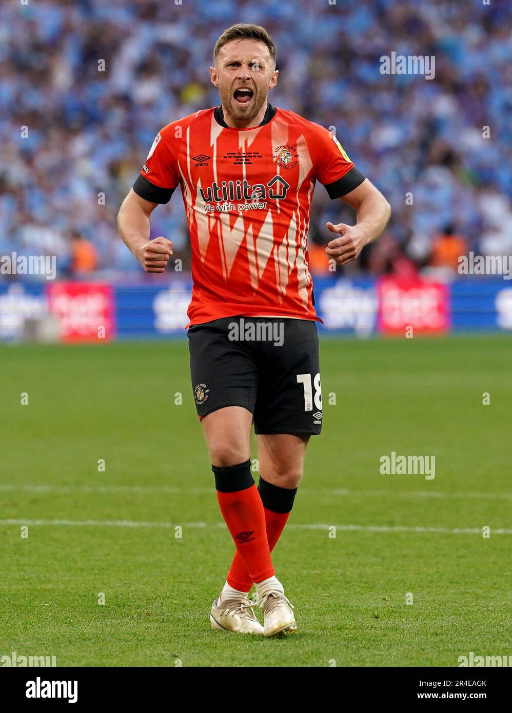 Luton Town's Jordan Clark celebrates after scoring in the penalty shoot ...