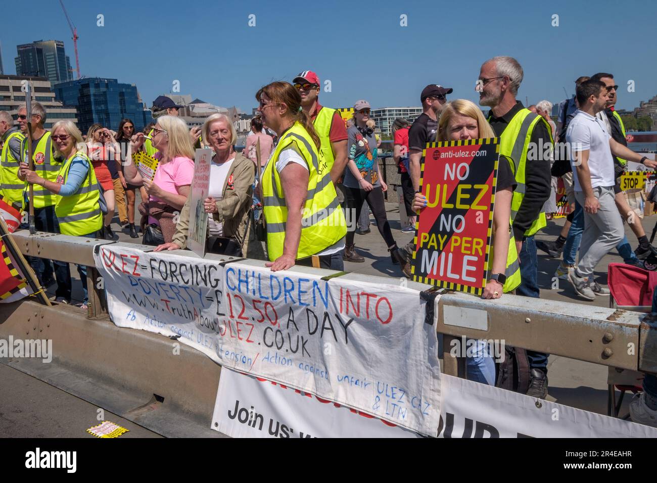 London, UK. 27 May 2023. Protesters lined both sides of London Bridge ...