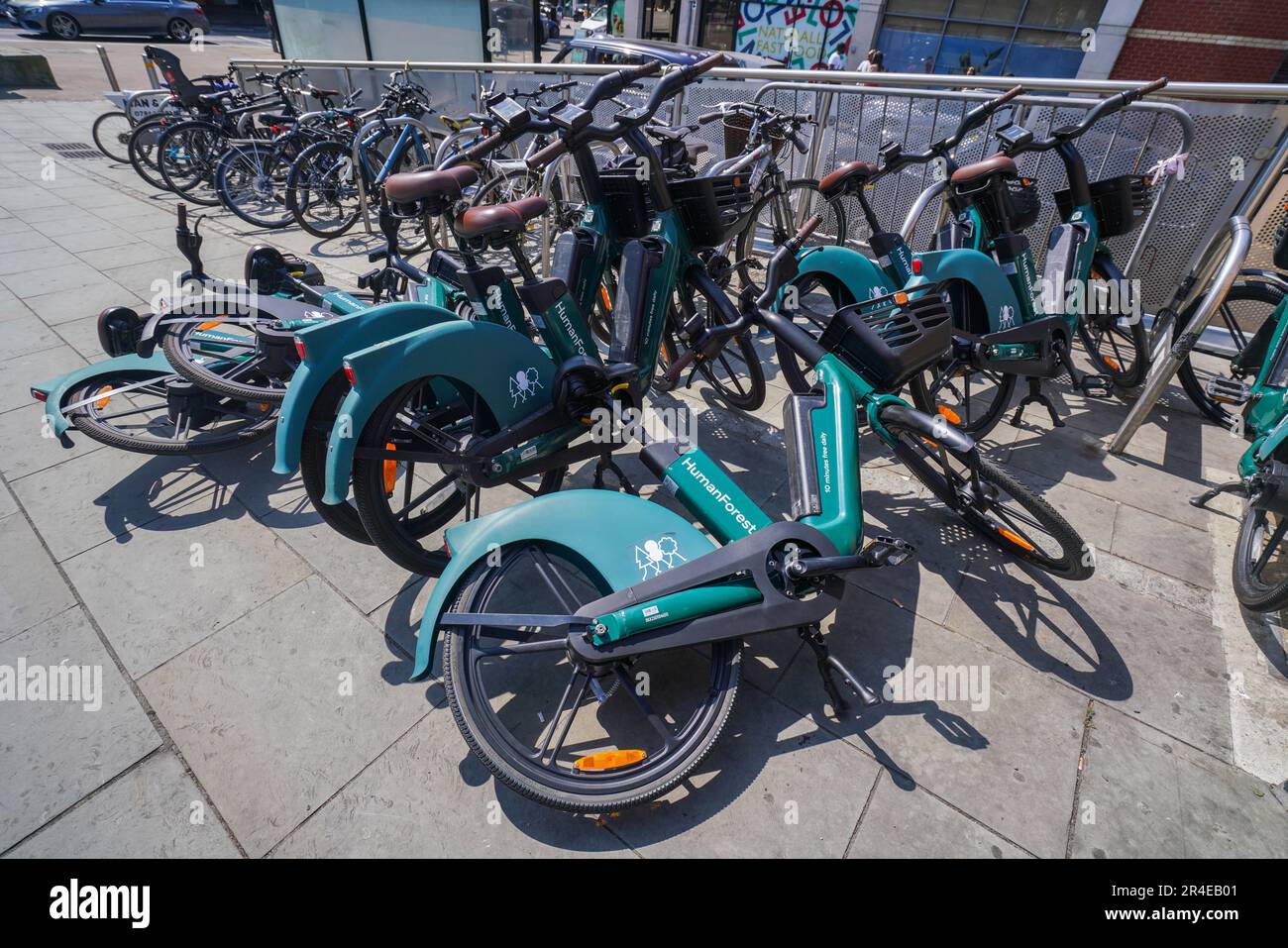 Overturned Human Forest electric hire bikes, London, Uk Stock Photo - Alamy