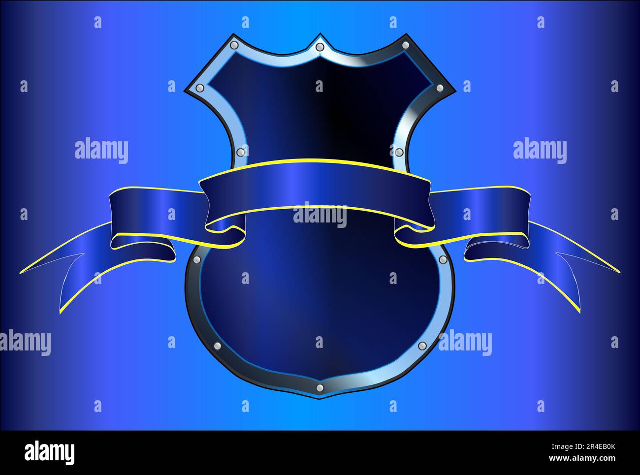 A blank metal shield over a blue background with blank message ribbon ...