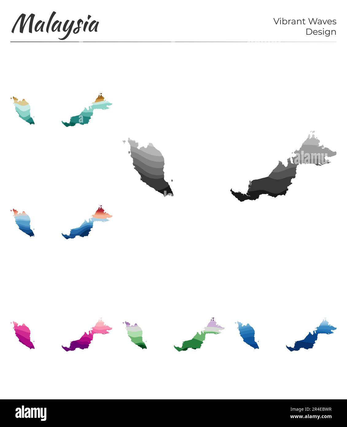 Set of vector maps of Malaysia. Vibrant waves design. Bright map of country in geometric smooth ...