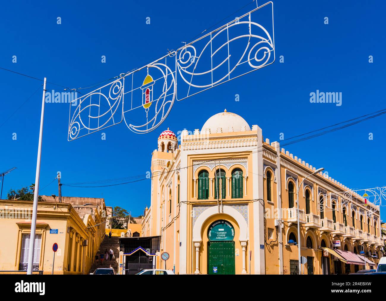 Street decorated for the celebration of Ramadan. The Central Mosque, or ...