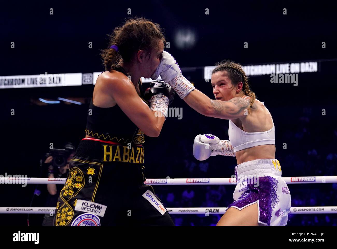 Terri Harper (right) in action against Ivana Habazin during their WBA ...