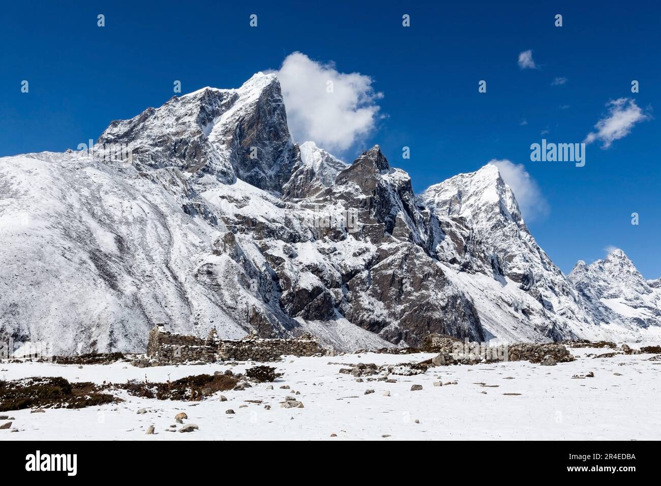 Snowy mountains near Dingboche village on the way to Everest Base Camp ...