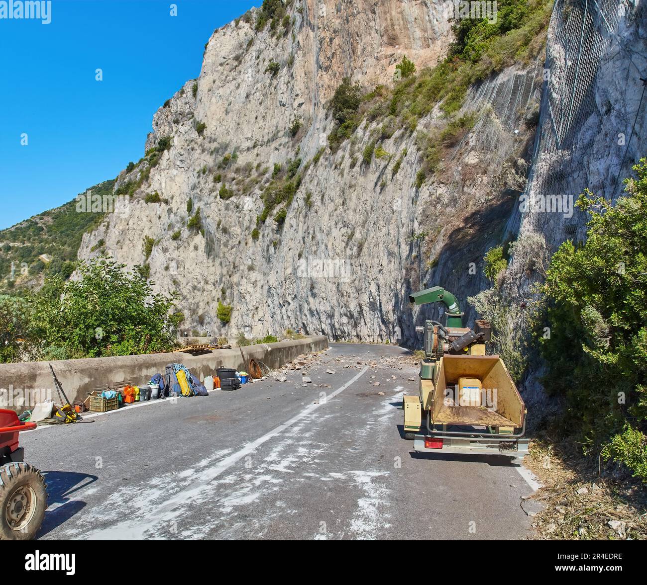 Amalfi Coast. Asphalt coastal road path route blocked by land slide ...