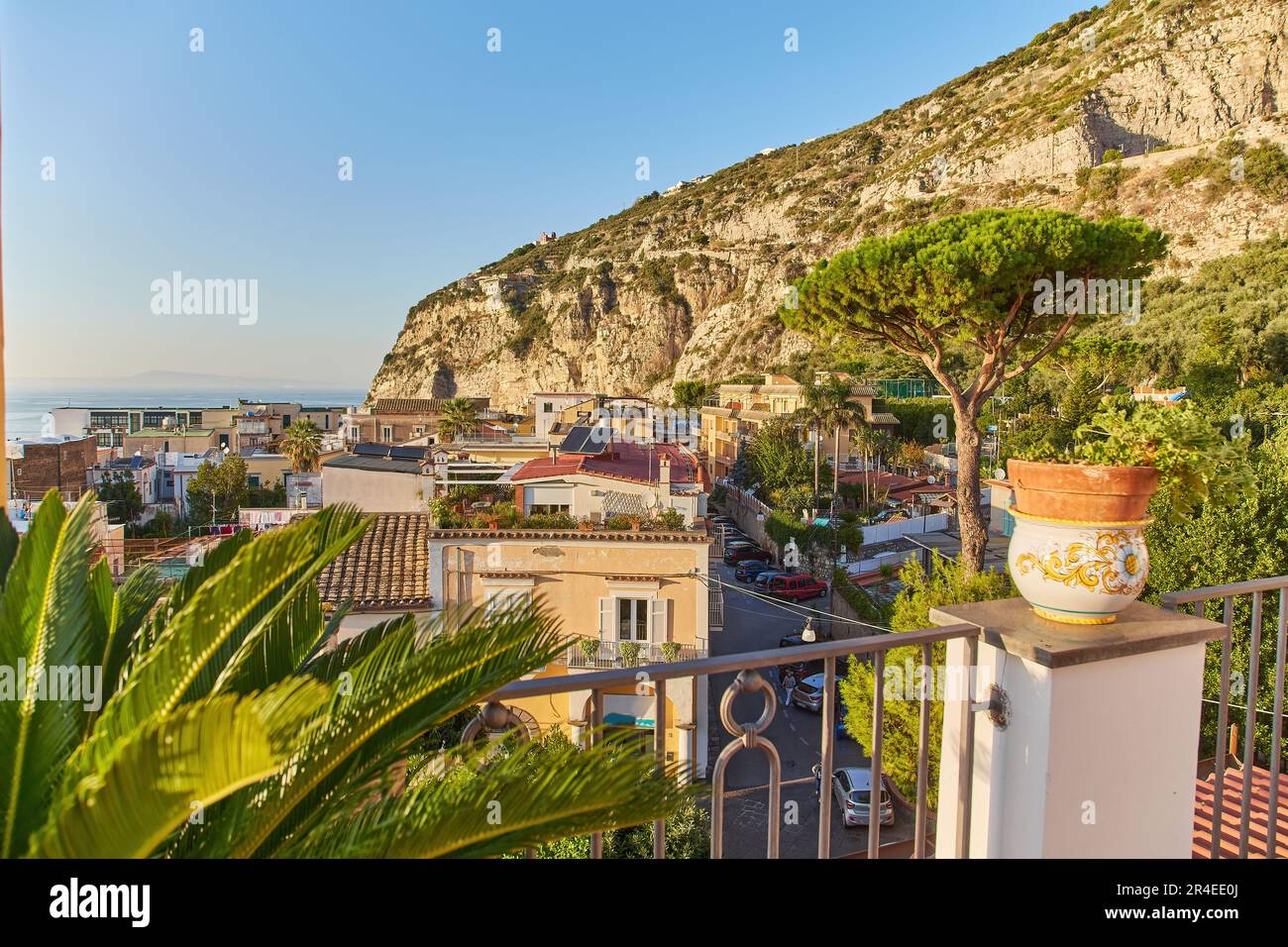 View of the Amalfi Coast and the village of Meta, Italy. Seaside resort ...