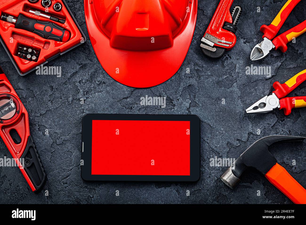 Red Construction Tools Set On Dark Stone Background With Copy Space On ...