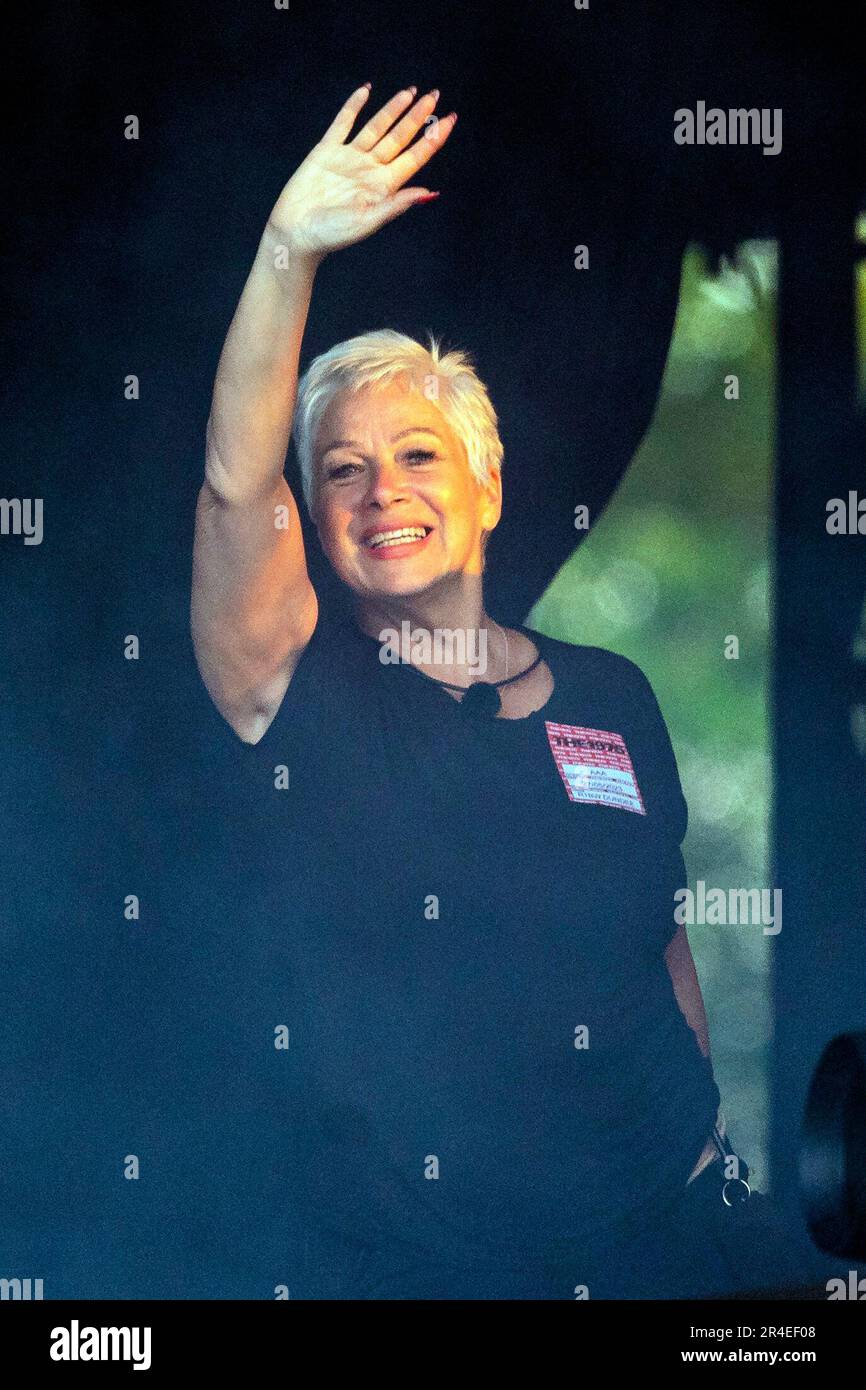Denise Welch waves to fans as The 1975 perform on the main stage during ...