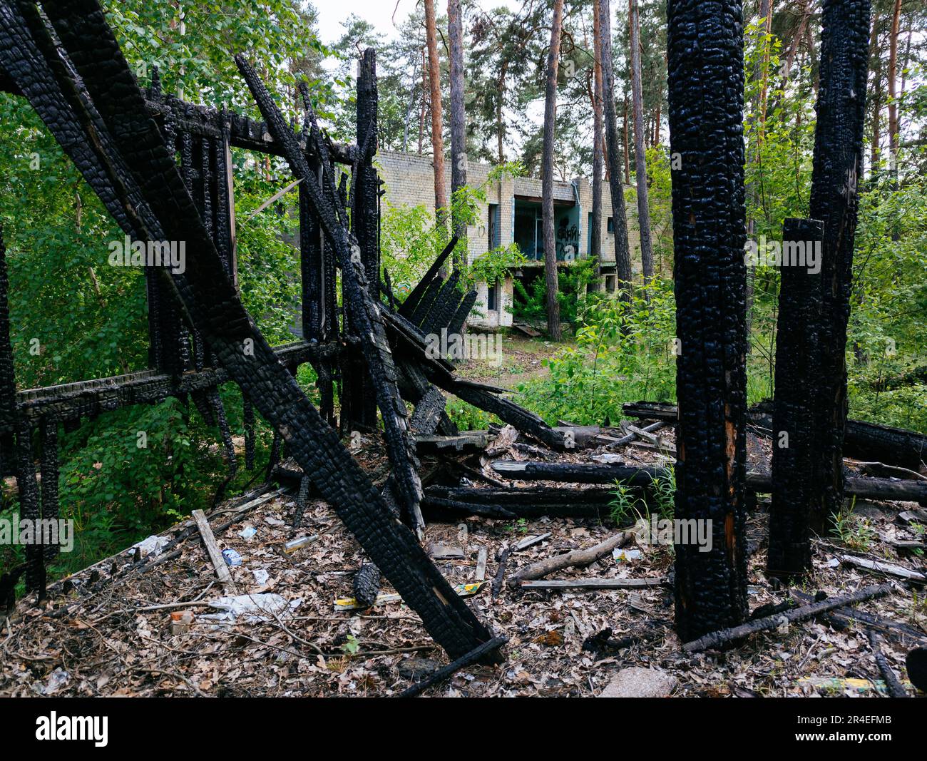 Consequences of fire. Completely burnt wooden house Stock Photo - Alamy