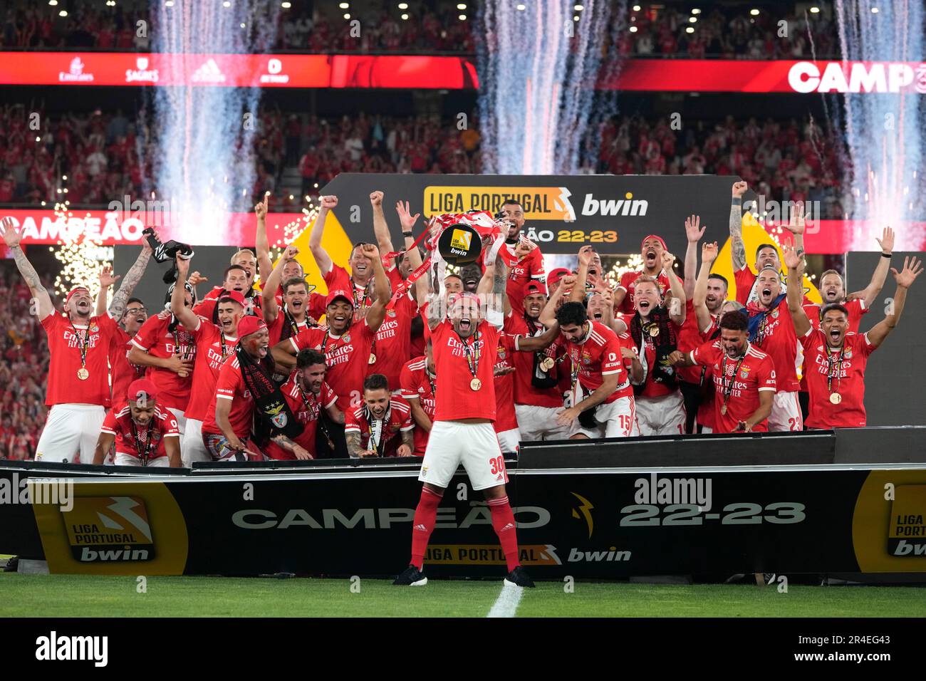 Benfica's players celebrate with the trophy during a ceremony at the ...