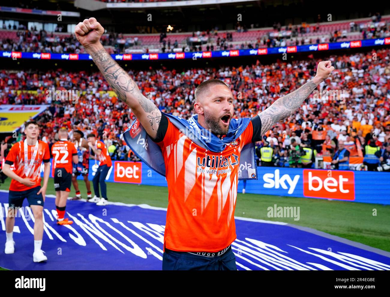Luton Town's Henri Lansbury celebrates at the end of the Sky Bet ...