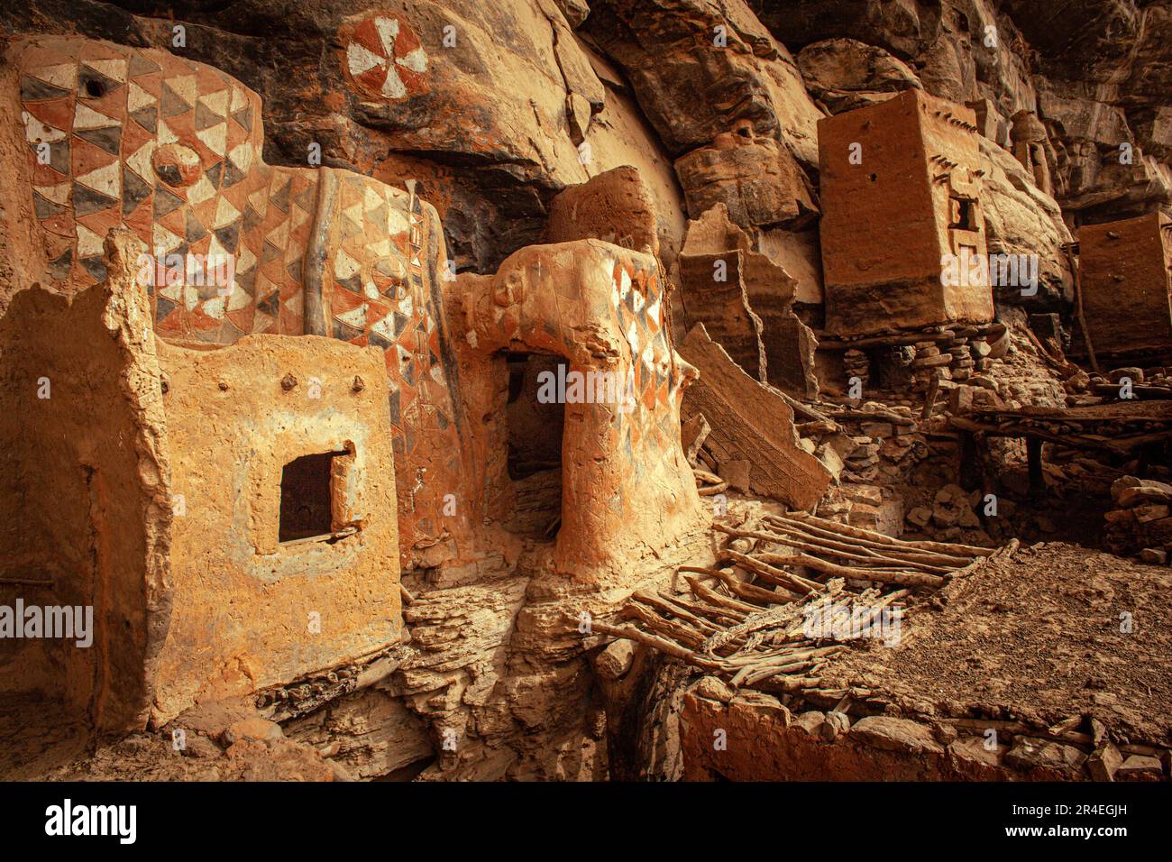 Dogon village and typical mud buildings, buildings used as barns for ...