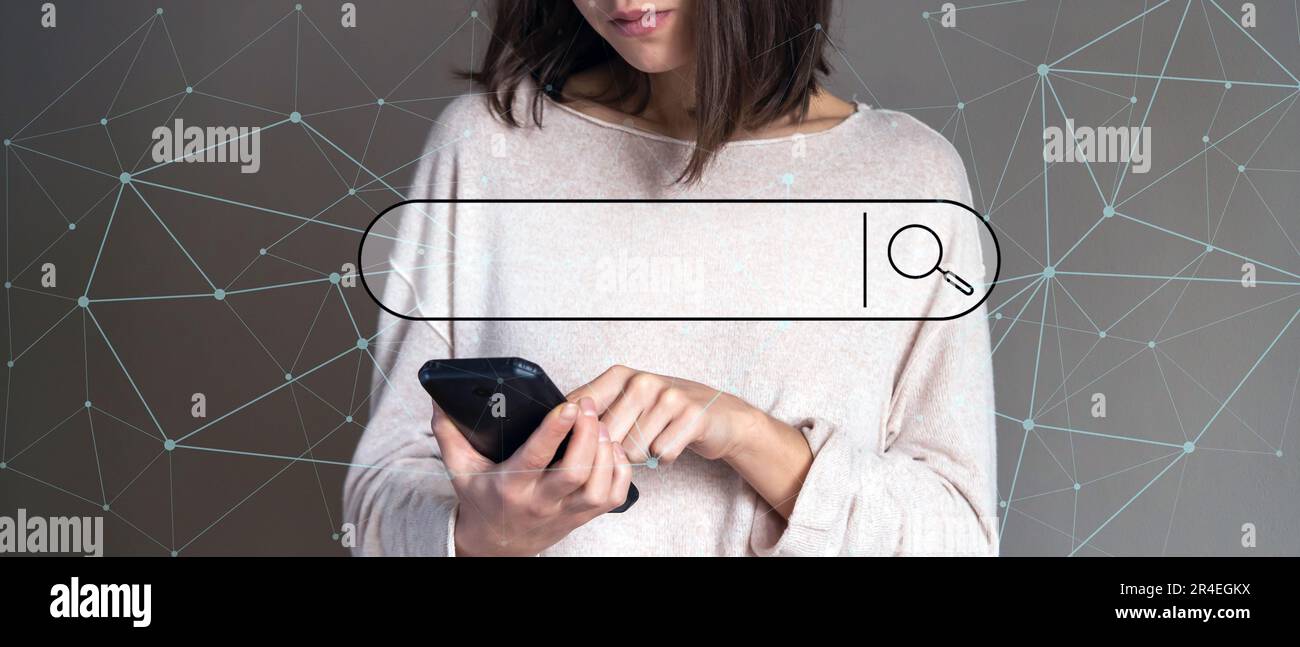 Girl uses a search line on her phone, with drawn symbol Stock Photo - Alamy