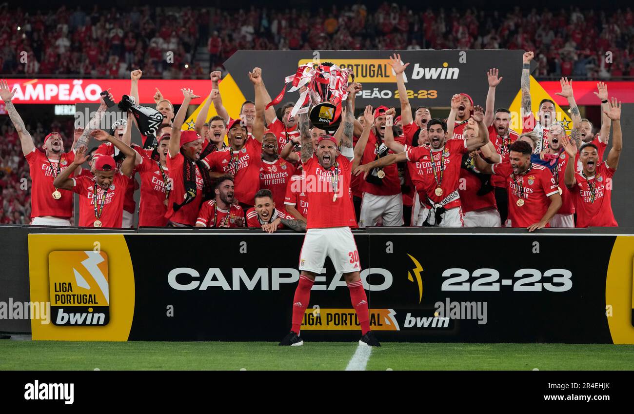 Benfica's players celebrate with the trophy during a ceremony at the ...